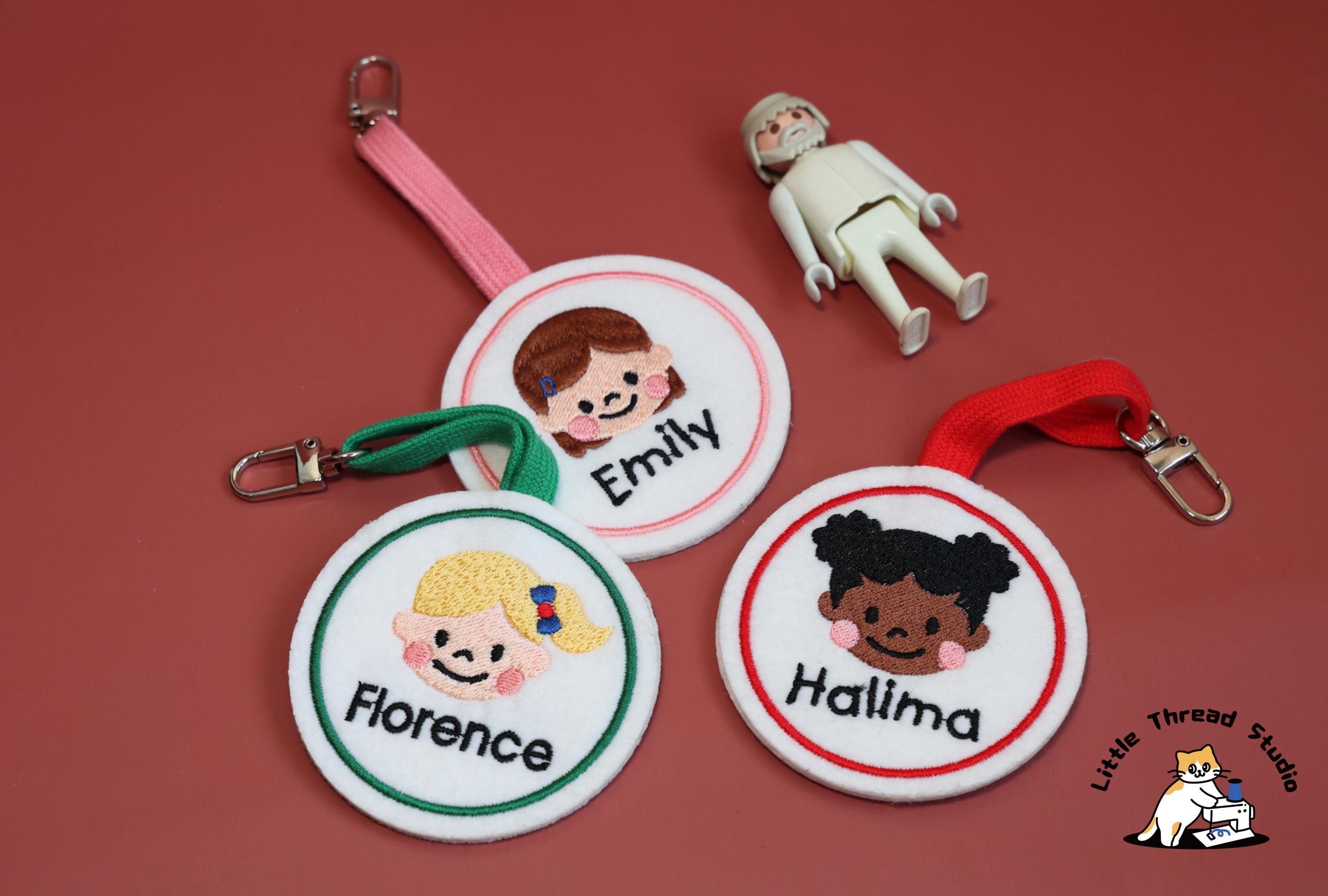 Embroidered Girl Name Tag: Illustrated Portrait Keyring, Nursery Bag - Etsy