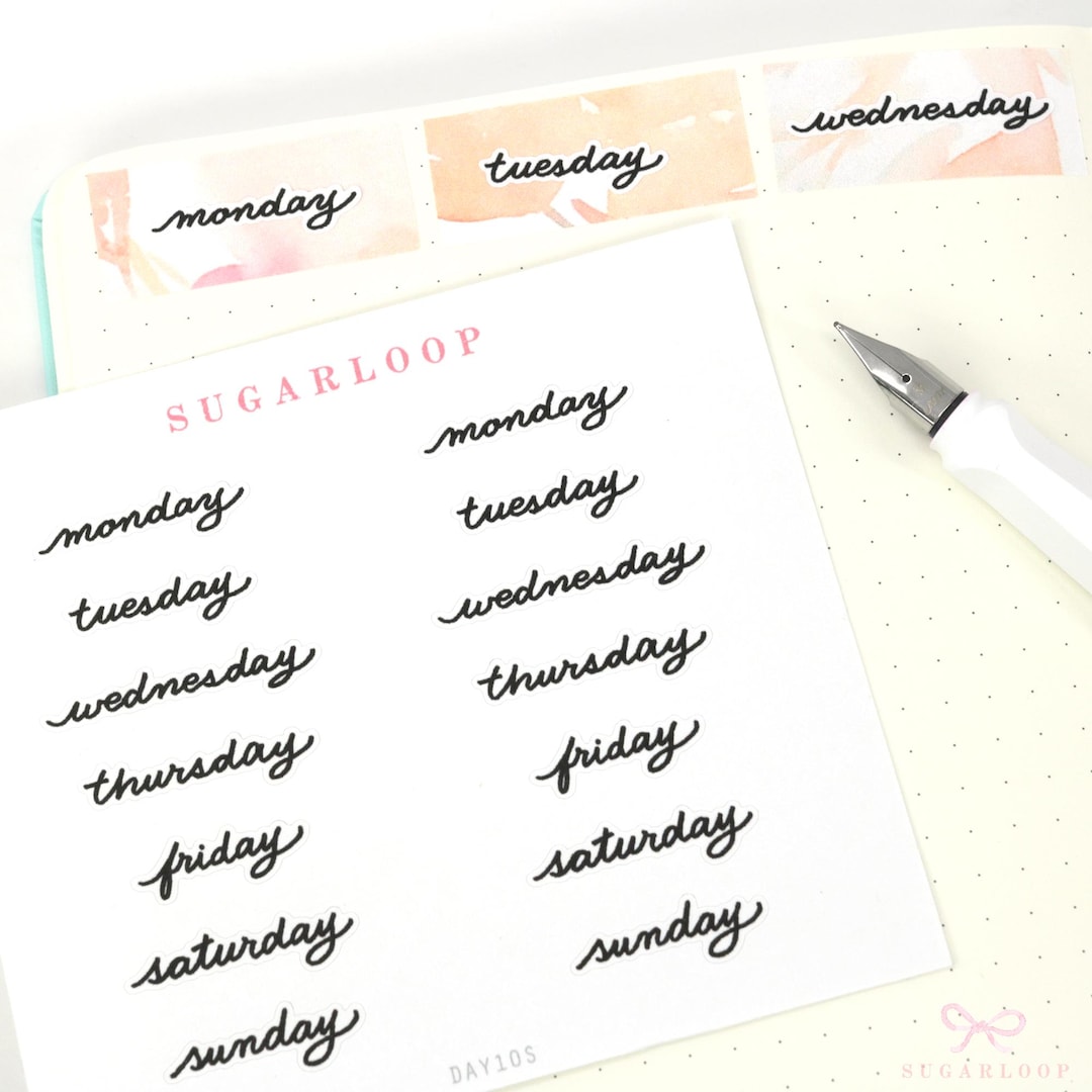 Days of the Week Black Cursive Script Bujo Planner Stickers: 1.25" (31 ...