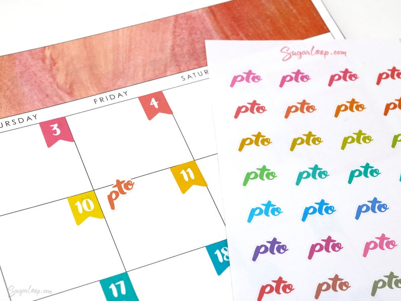 PTO Planner and Journal Stickers: Rainbow Brush Script, Day off Icons ...