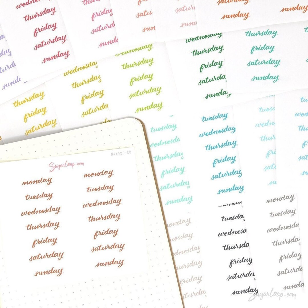 Script Days of the Week Flag Bujo Planner Stickers: 3 Sizes & 28 Colors ...