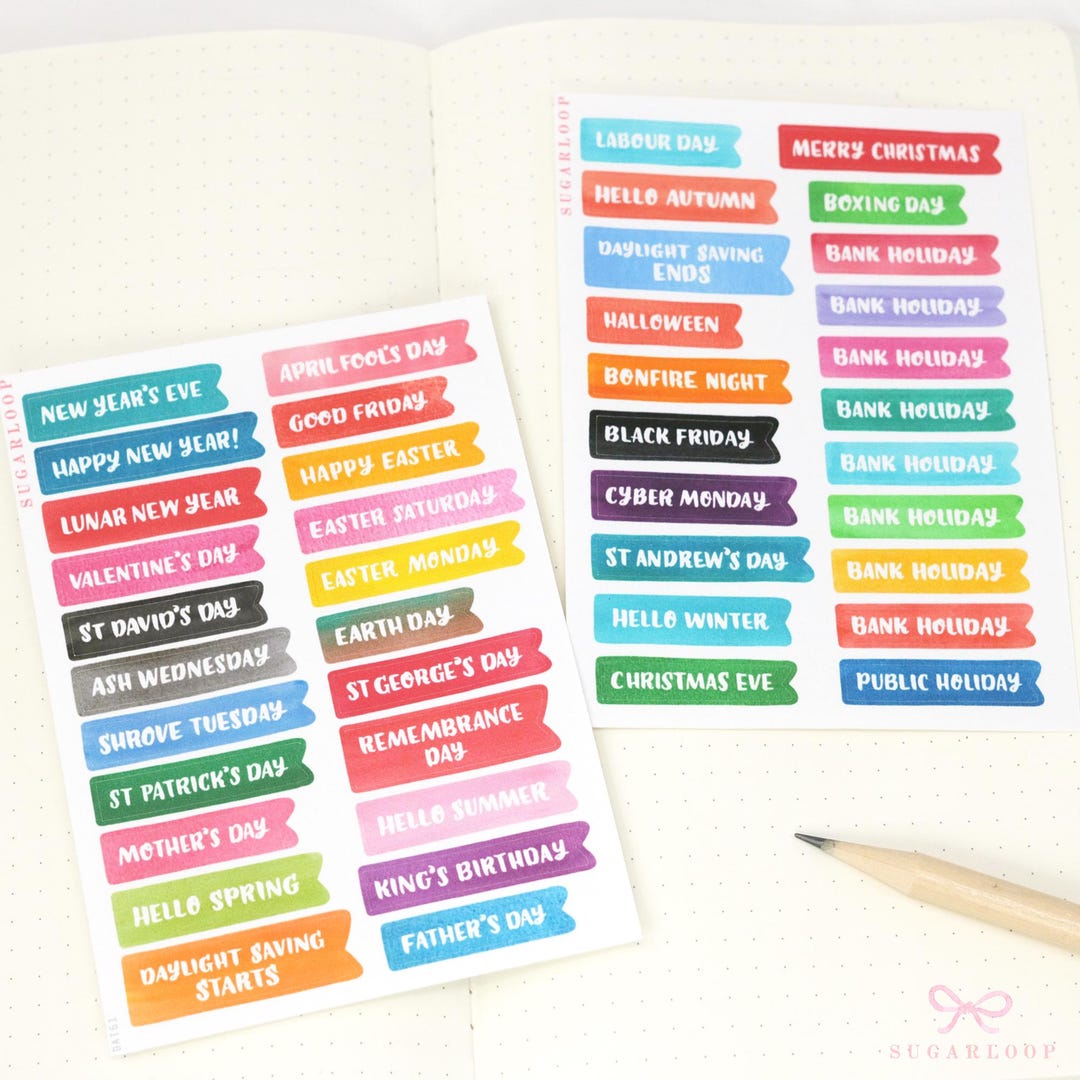 UK Holiday Planner and Journal Stickers: Watercolor Brush Script ...