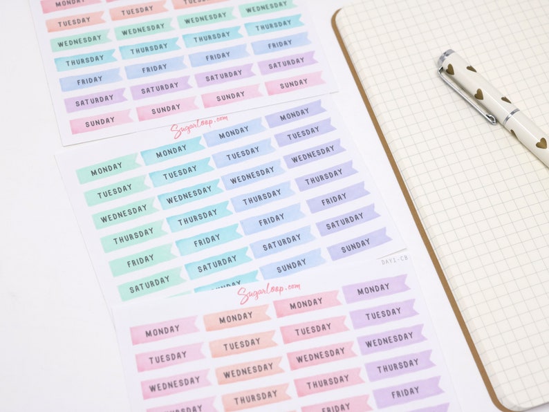 Watercolor Days of the Week Flag Stickers: Planner and Journal Stickers ...
