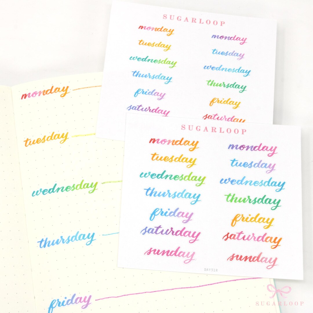Watercolor Script Days of the Week Planner and Journal Stickers ...
