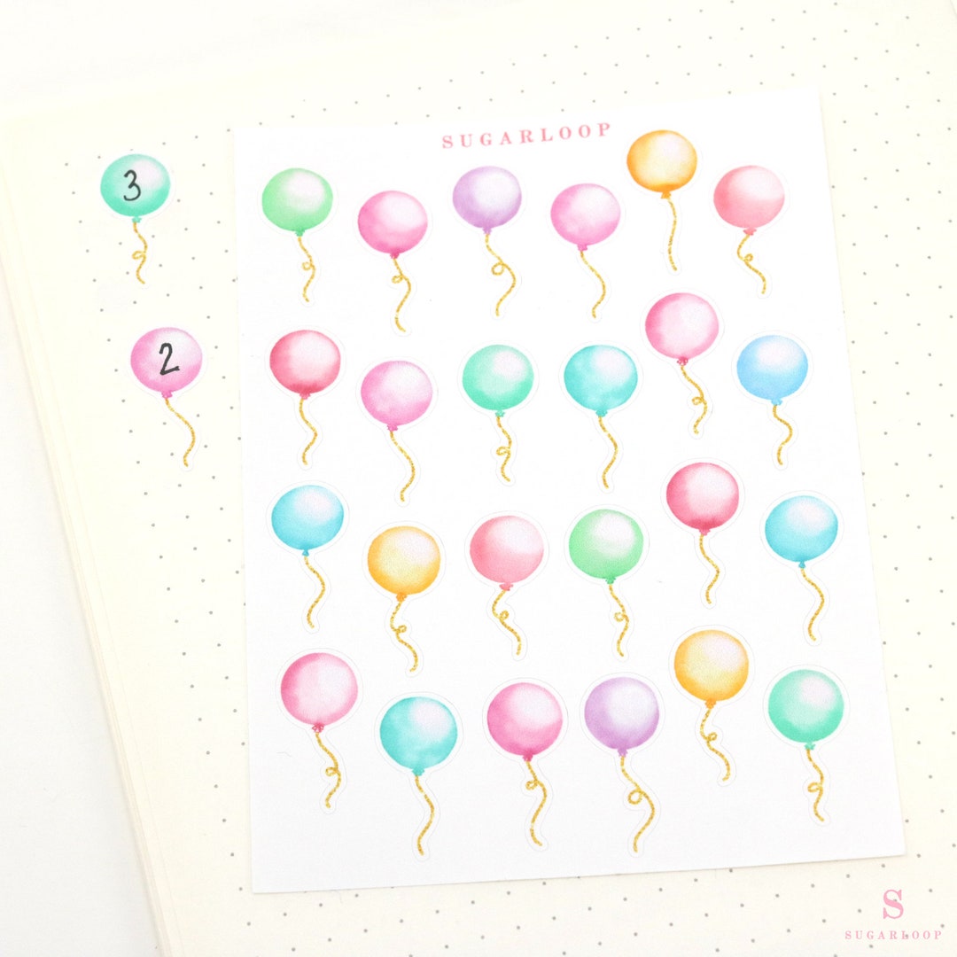 Watercolor Balloon Planner and Journal Stickers: Birthday Celebration ...