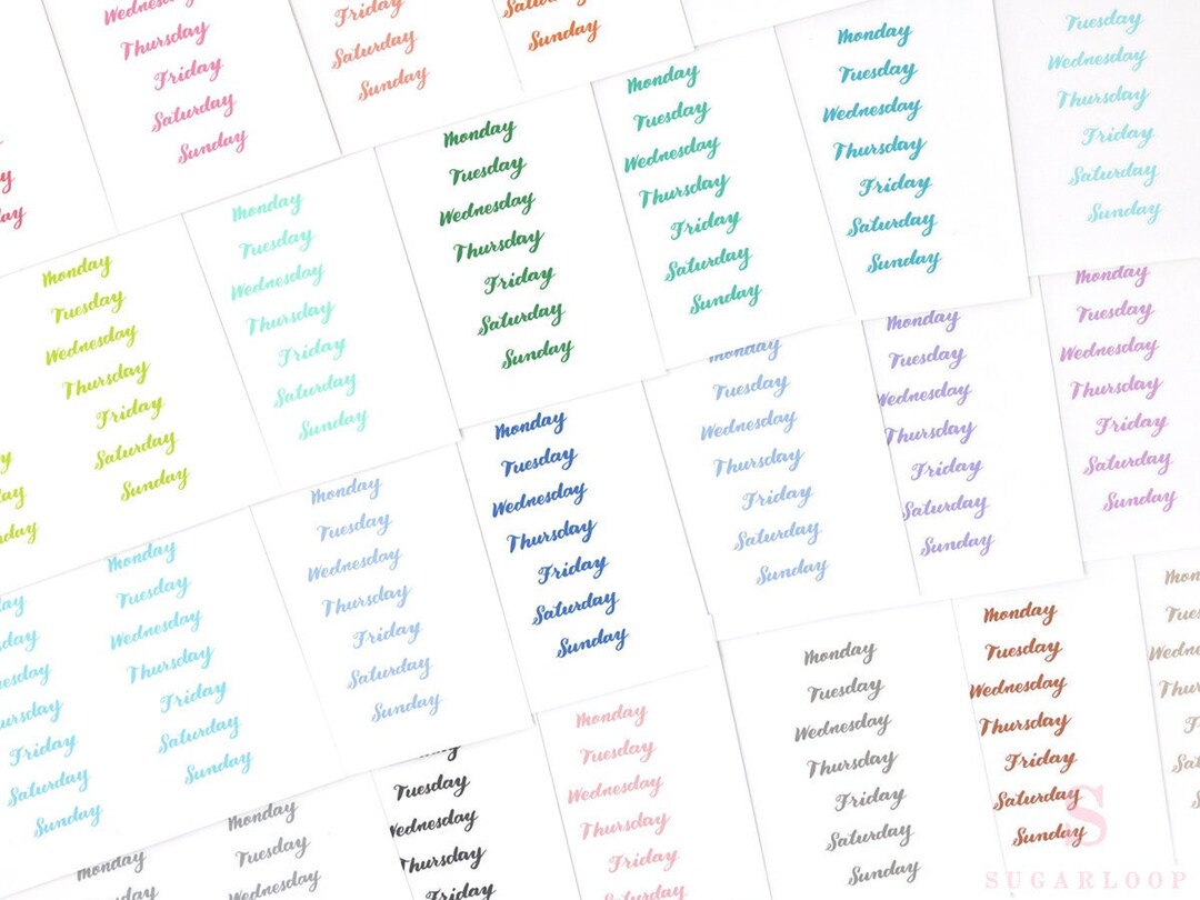 Days of the Week Bujo Planner Stickers: Rainbow Hand Lettered Cursive ...