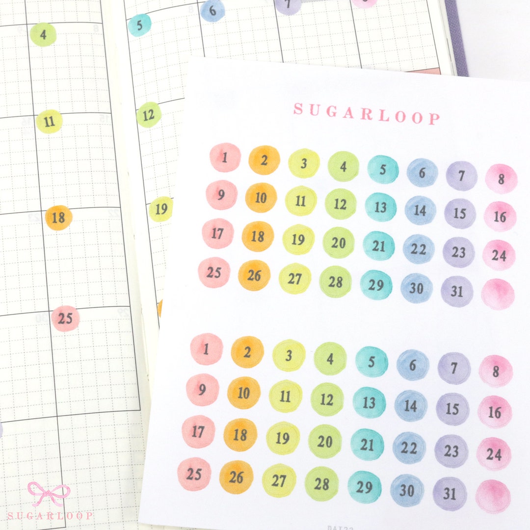 Watercolor Date Dot Planner and Journal Stickers: Calendar, Diary DIY ...