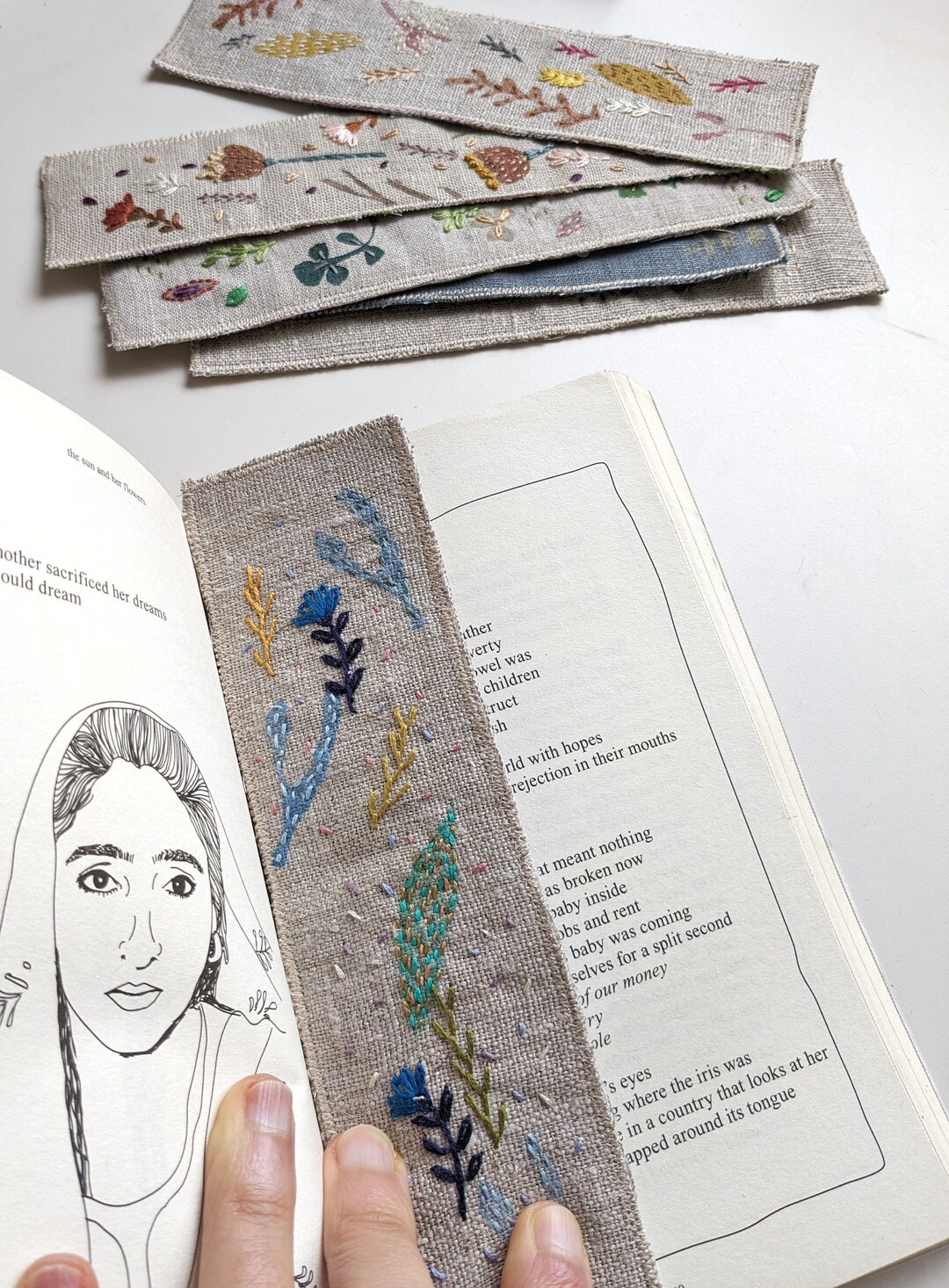 Nature Inspired Floral Textile Bookmark Hand Printed and Embroidered ...