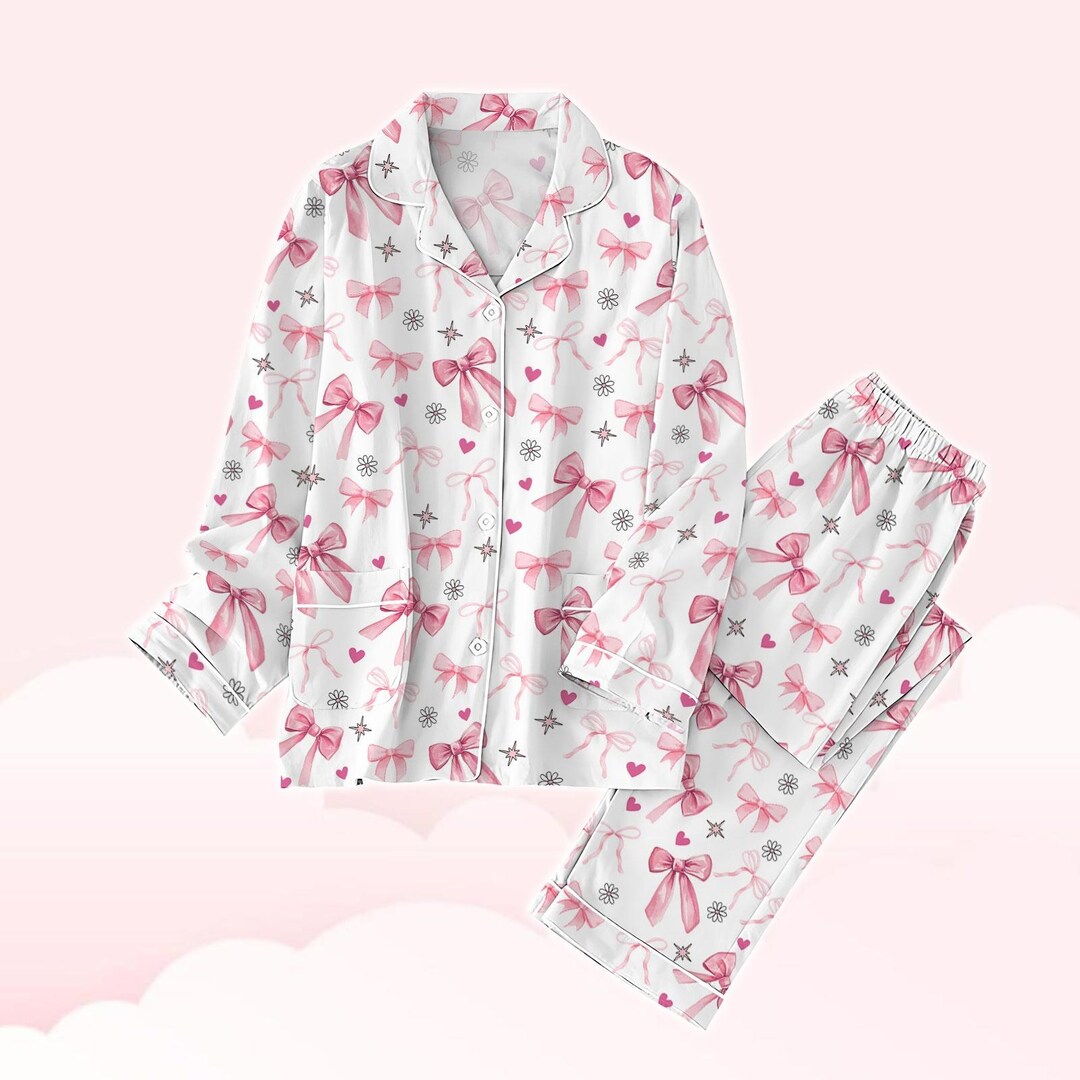 Cute Coquette Bow Pajamas, Pink Coquette Holiday Pajamas Set, Valentine ...