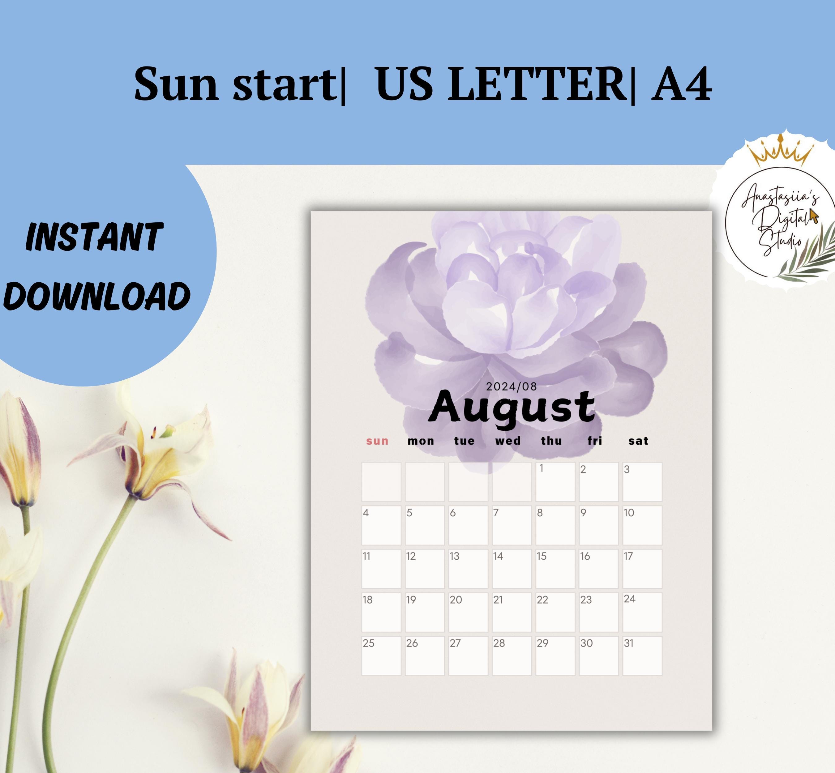 2024 August Calendar PDF Format A4 US LETTER Sunday Start - Etsy