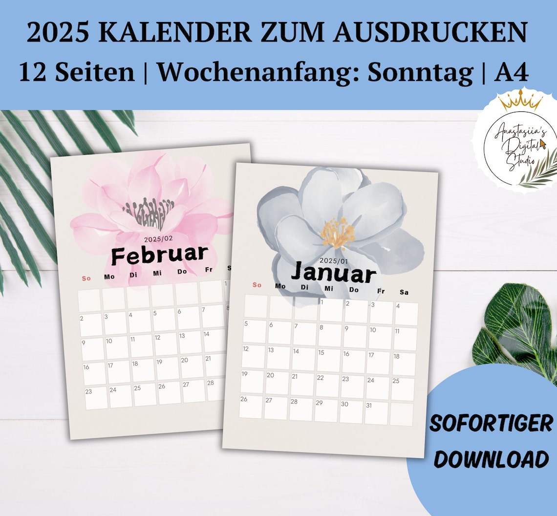 2025 Kalender Monatsplaner Pdf-format A4 Wochenanfang: Sonntag - Etsy