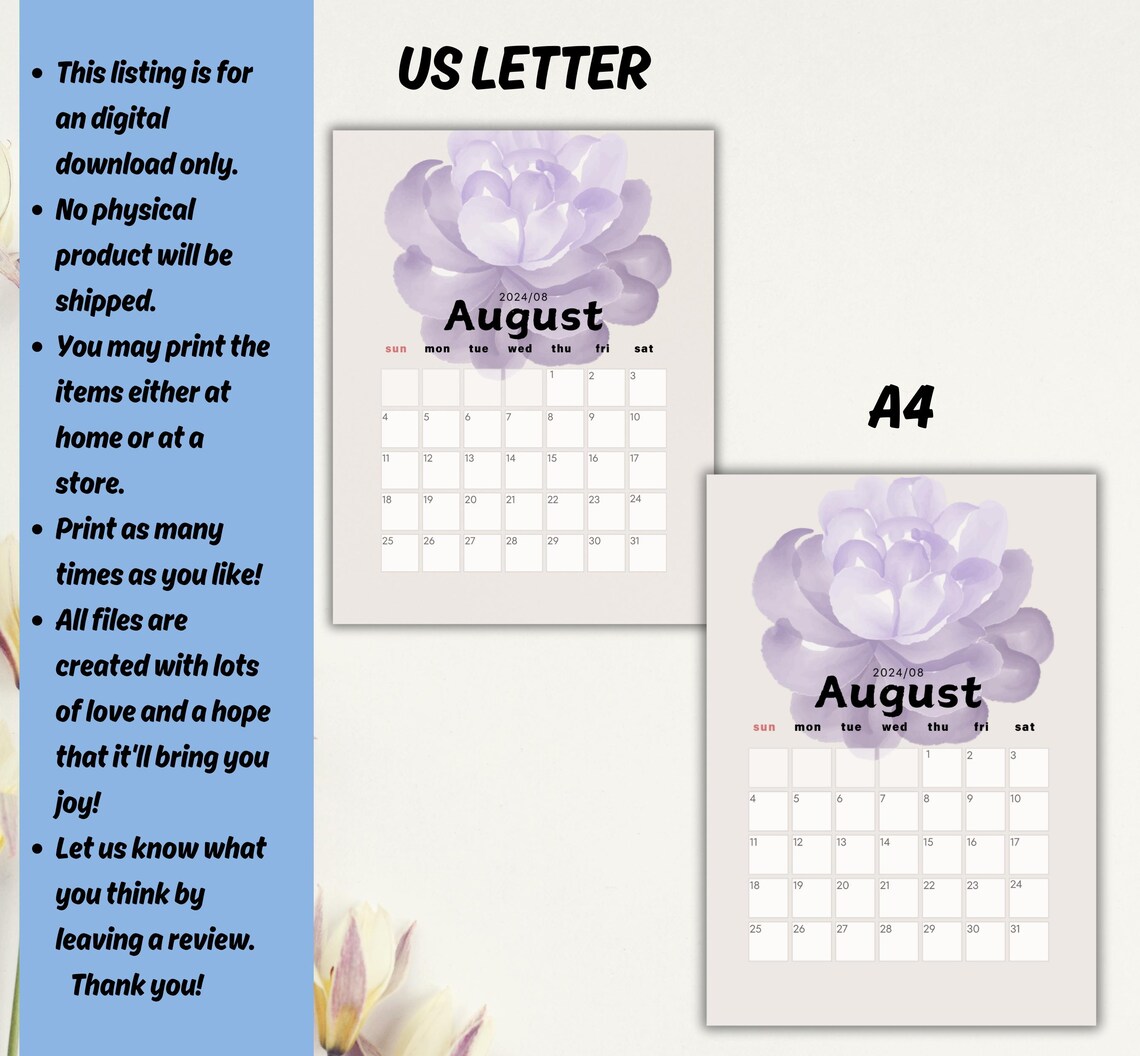 2024 August Calendar PDF Format A4 US LETTER Sunday Start - Etsy