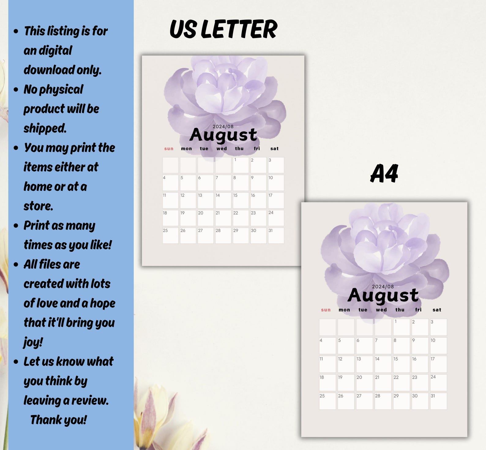2024 August Calendar PDF Format A4 US LETTER Sunday Start - Etsy