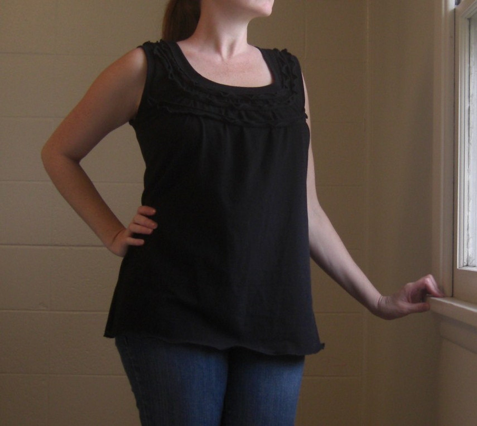 Womens Ruffle Tank Top Cotton Jersey Shirt - Scoop Neck Loose Fit ...