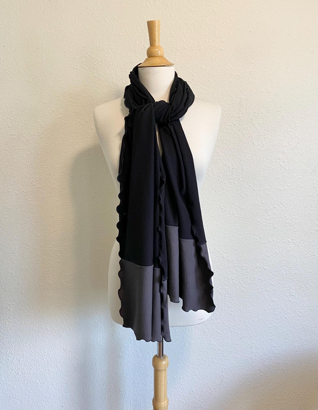 Black and Grey Long Ruffle Scarf Two Tone Color Blocked Winter ...