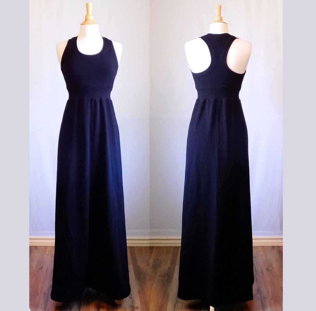 Black Maxi Dress Racer Back Floor Length Dress Cotton Jersey Knit Scoop ...