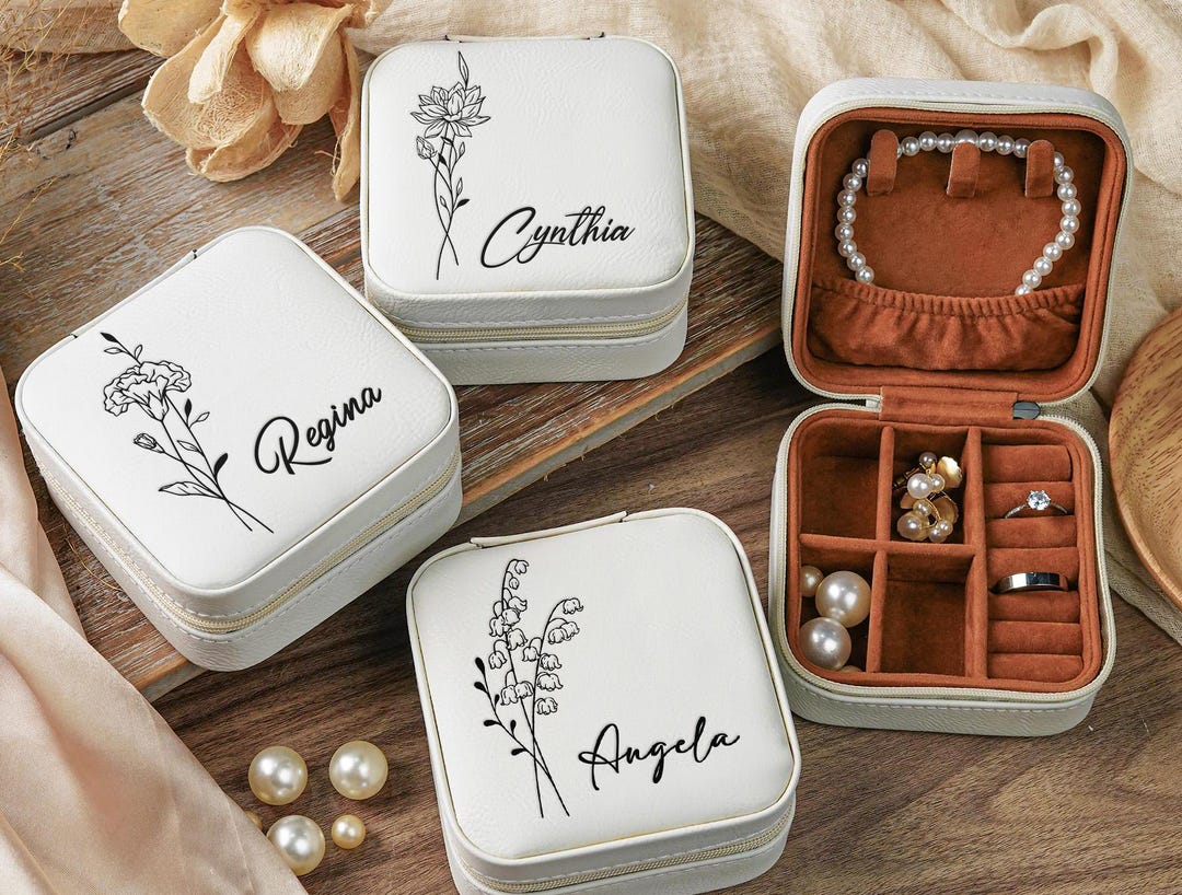 Personalized Birth Flower Travel Jewelry Box,engraved Birth Flower ...
