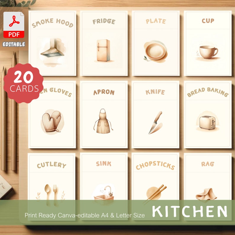 Montessori Kitchen Flash Cards 20 Detailed Kitchen Item Cards for Kids ...