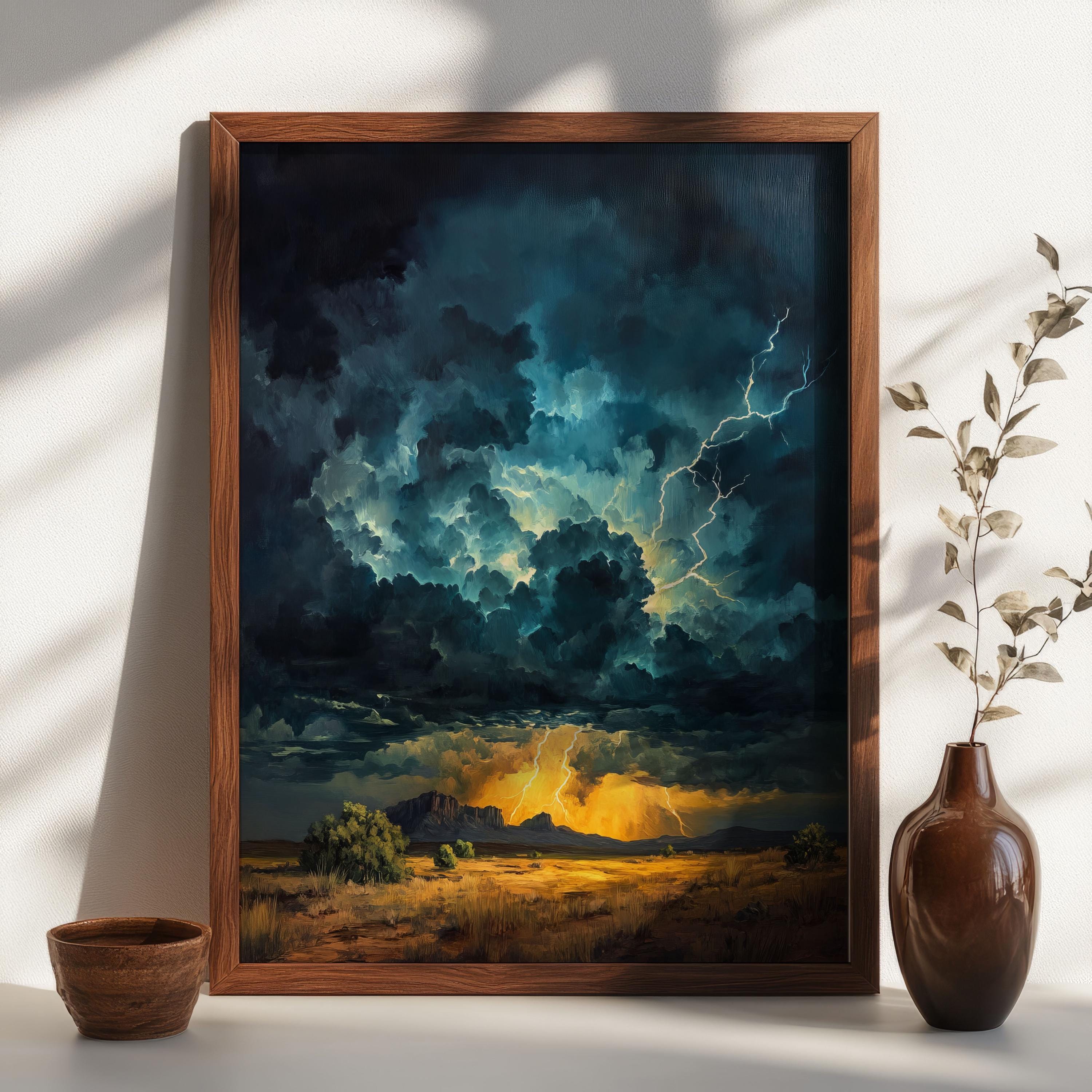 Lightning Storm Over Desert Wall Art, Dramatic Thunderstorm Landscape ...