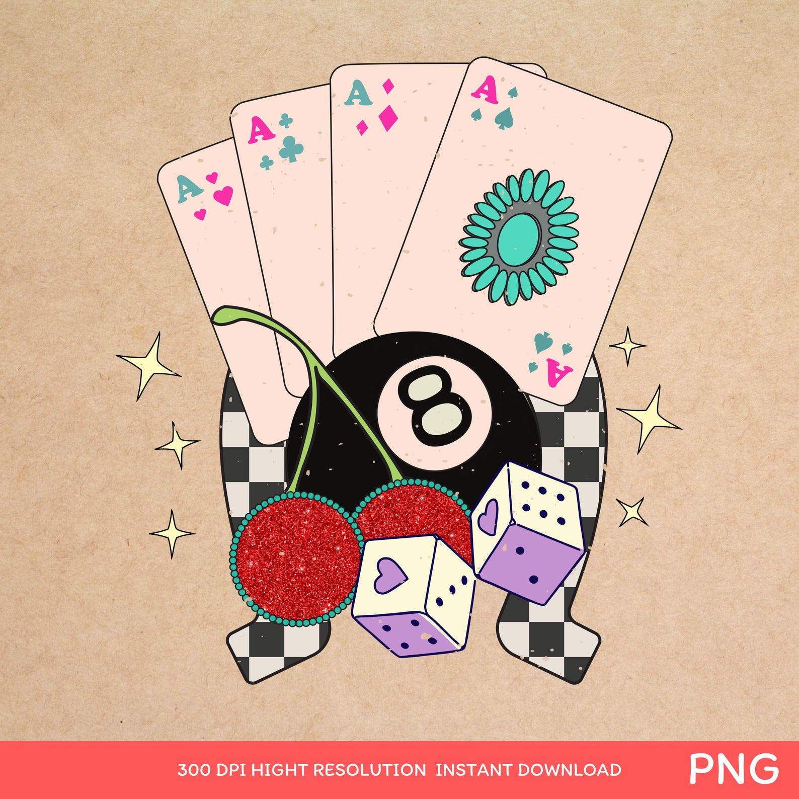 Vintage Poker Aesthetic Sticker With 8 Ball, Cherries, Playing Cards ...