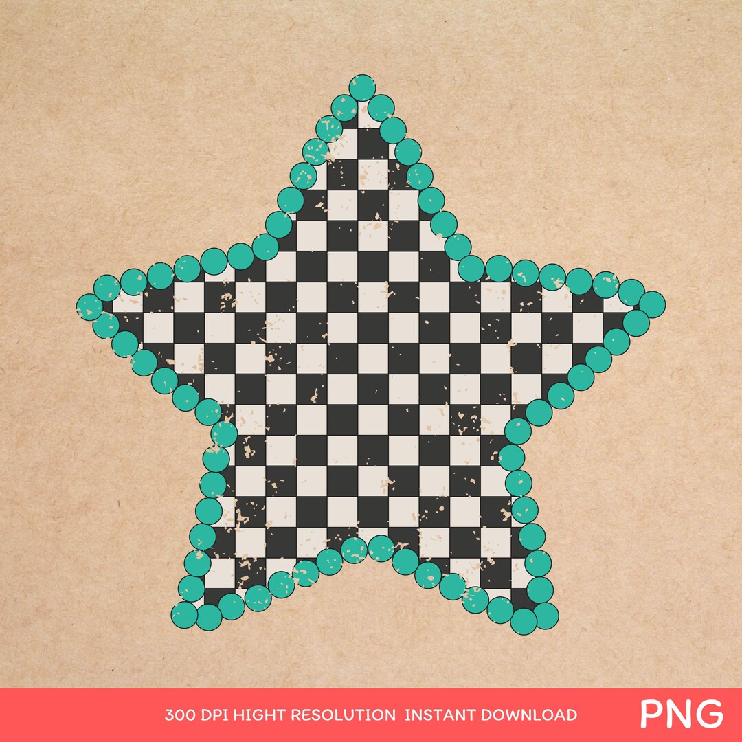 Turquoise Checkered Star Clipart PNG, Retro Gingham Pattern Black and ...