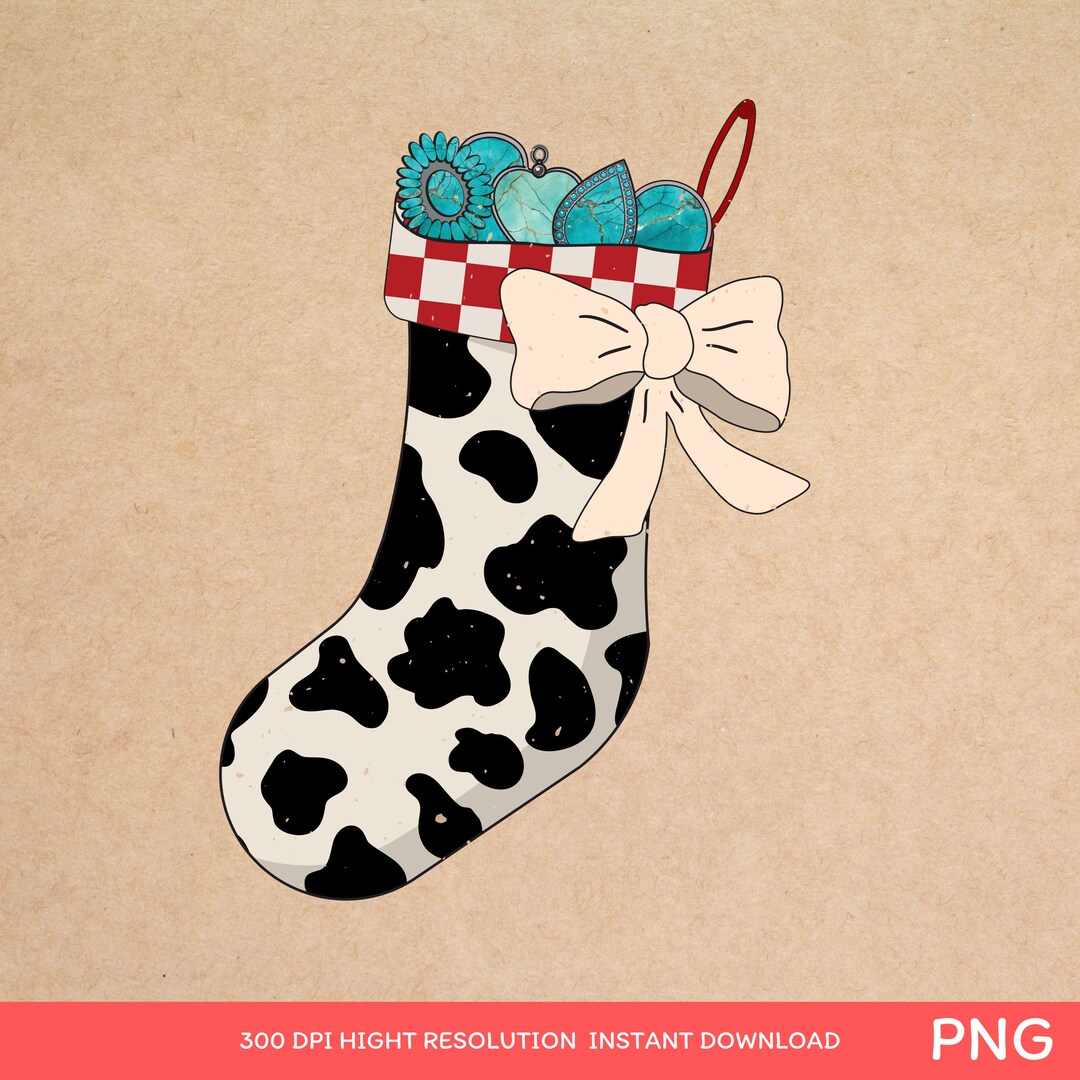 Cow Print Christmas Stocking With Buffalo Plaid and Bow, Farmhouse ...