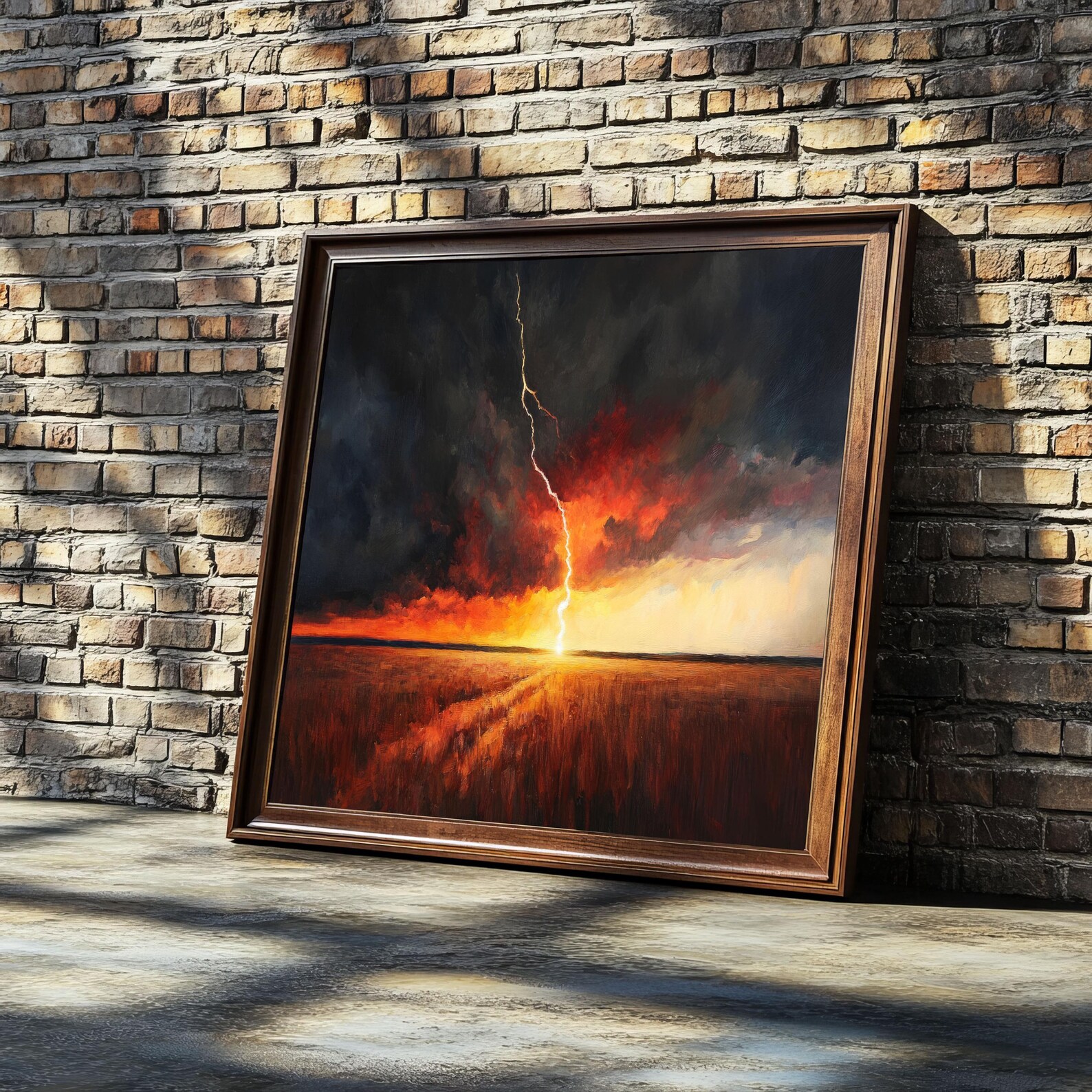 Dramatic Lightning Storm Sunset Wall Art, Fiery Sky Painting With ...
