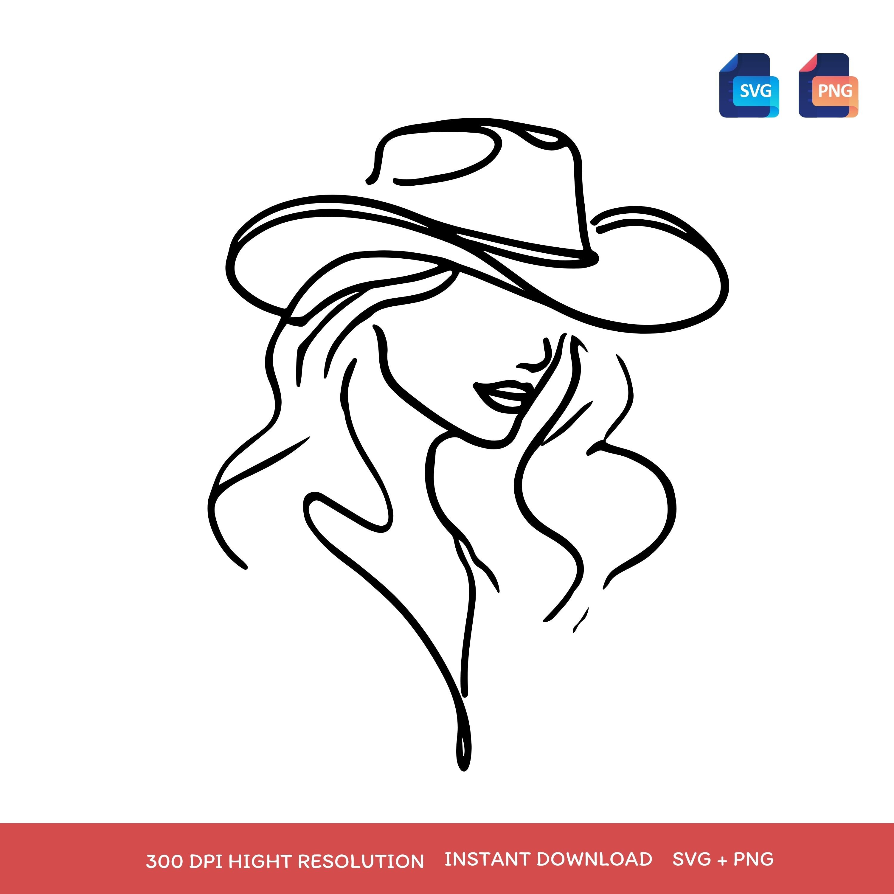 Western Cowgirl Line Art SVG, PNG Cut File, Country Girl Hat Digital ...