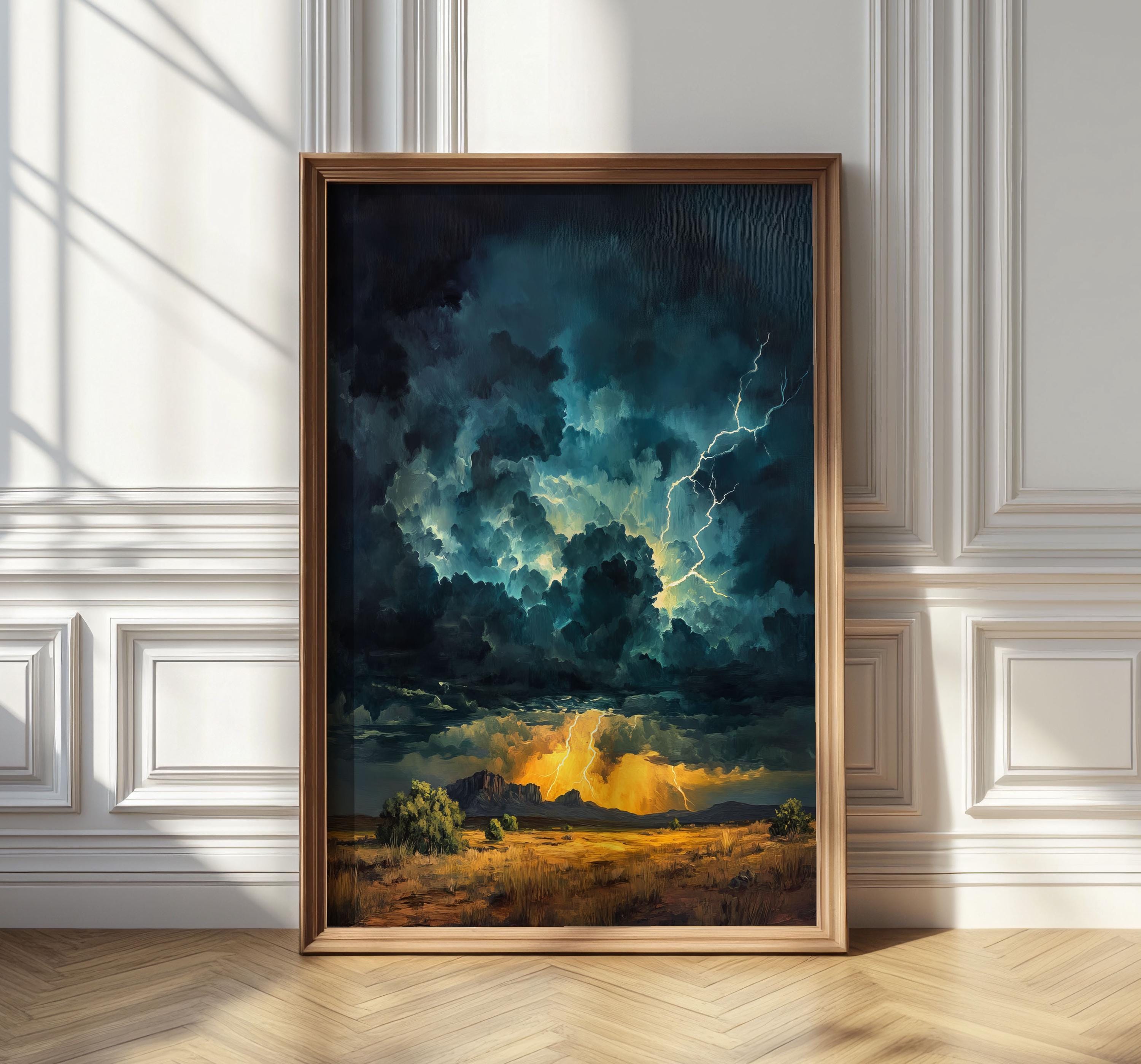 Lightning Storm Over Desert Wall Art, Dramatic Thunderstorm Landscape ...