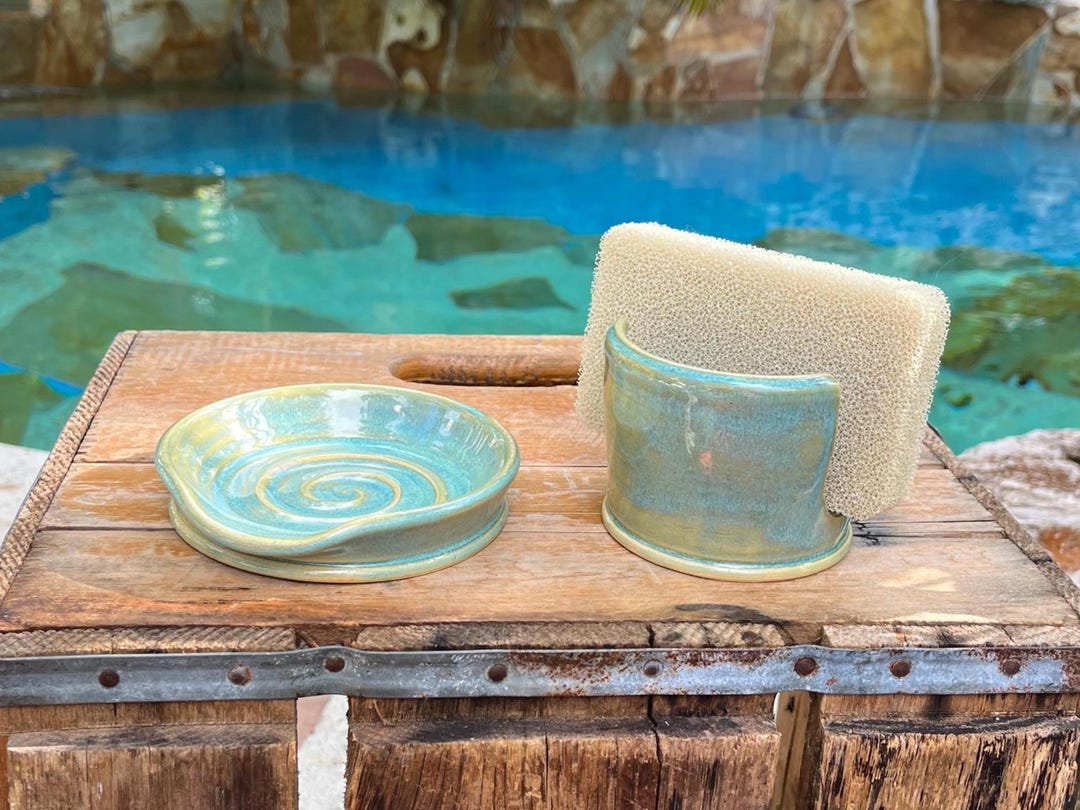 Handcrafted Pottery Spoon Rest and Sponge Holder Set, Elegant Ceramic ...