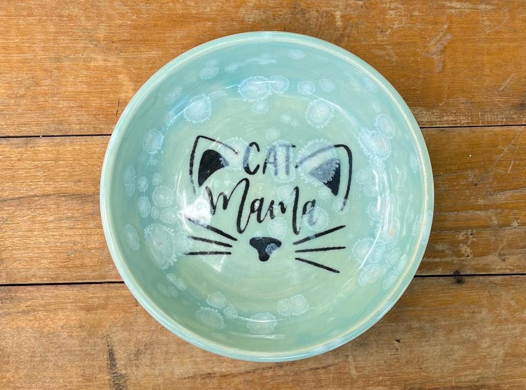 Handcrafted Blue and White Pottery Cat Bowl, Unique Wheel Thrown Cat ...