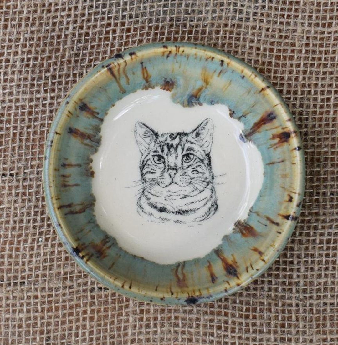 Handcrafted Blue and White Pottery Cat Bowl, Unique Wheel Thrown Cat ...