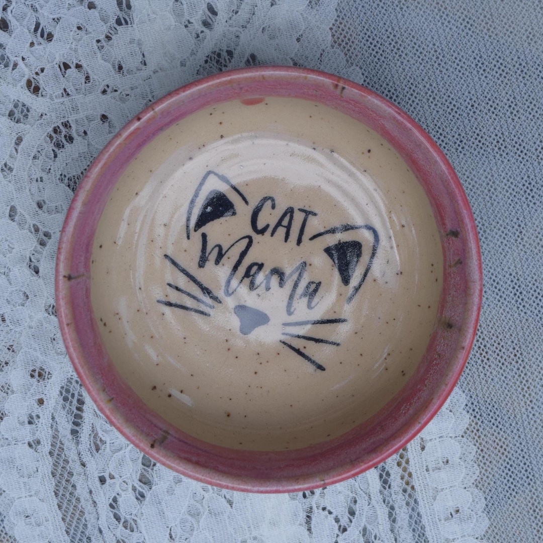 Handcrafted Pink and White Pottery Cat Bowl, Unique Wheel Thrown Cat ...