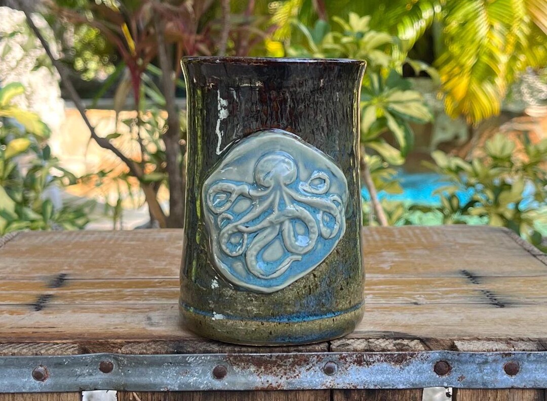 Handcrafted Octopus Pottery Cup, Unique Wheel Thrown Pottery Mug, Ocean ...