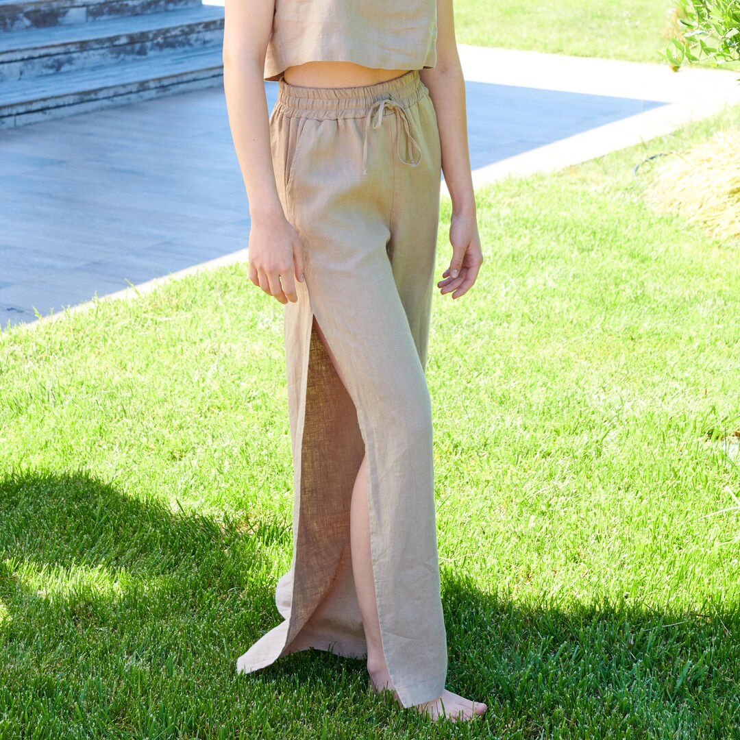 Linen High Slit Pants: Bohemian Wide Leg Trousers - Etsy