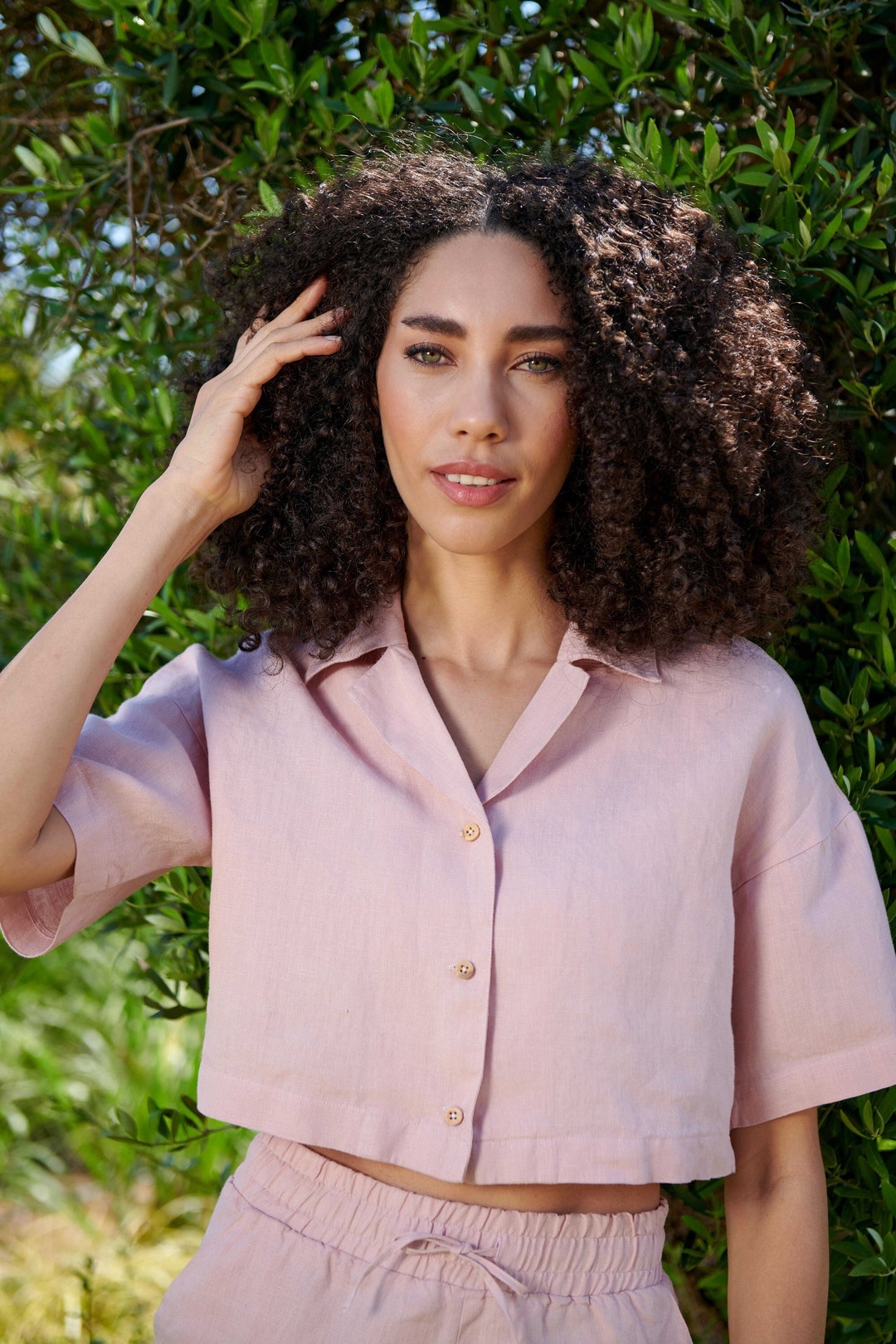 Cropped Linen Shirt, Button up Natural Collared Summer Blouse, Vacation ...