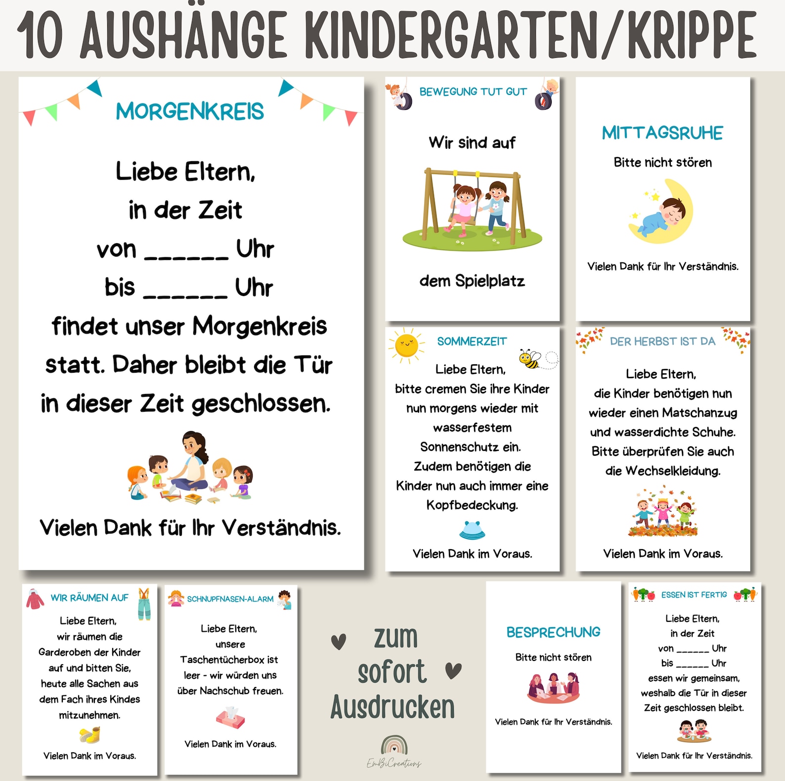 10 Aushänge Kindergarten | Aushang Kita | Portfolio Vorlage Kindergarten | Vorlage für ...