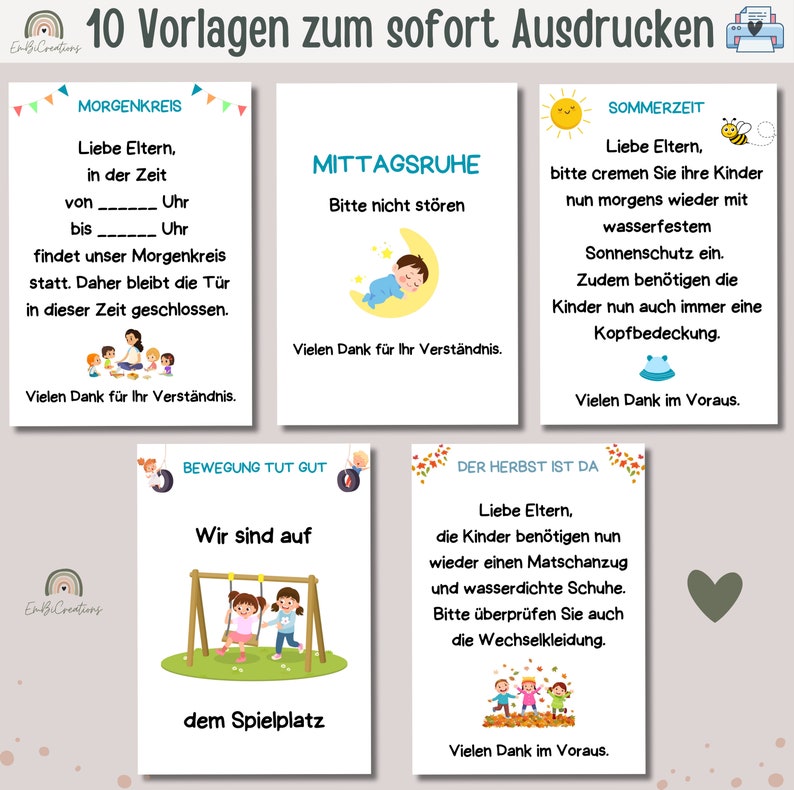 10 Aushänge Kindergarten | Aushang Kita | Portfolio Vorlage Kindergarten | Vorlage für ...