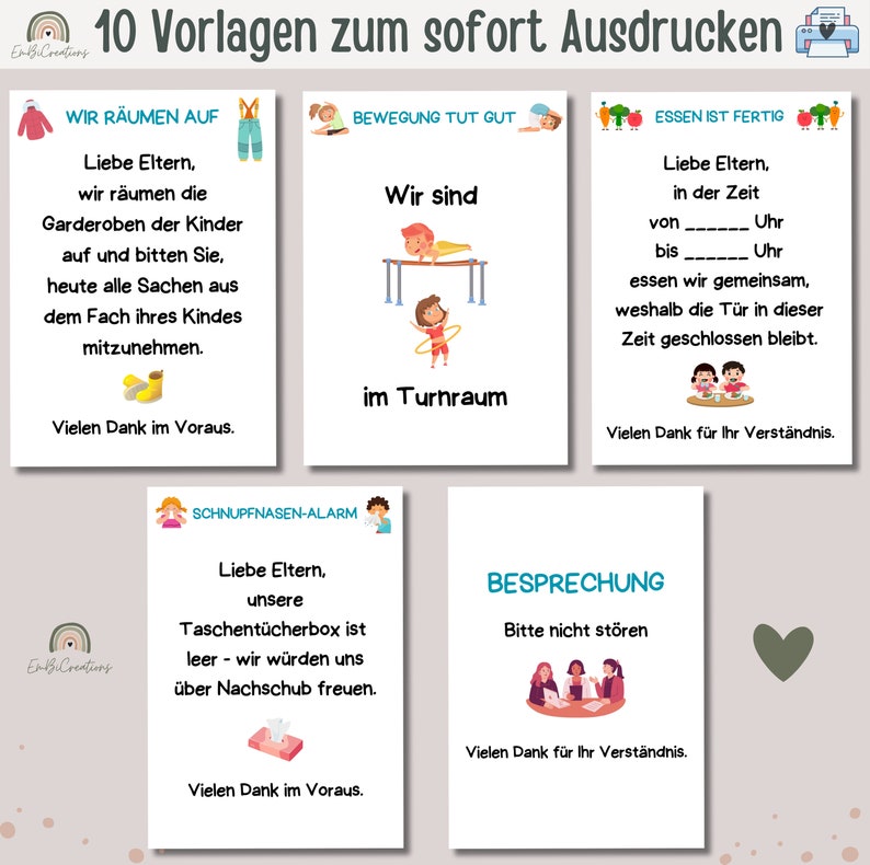 10 Aushänge Kindergarten | Aushang Kita | Portfolio Vorlage Kindergarten | Vorlage für ...