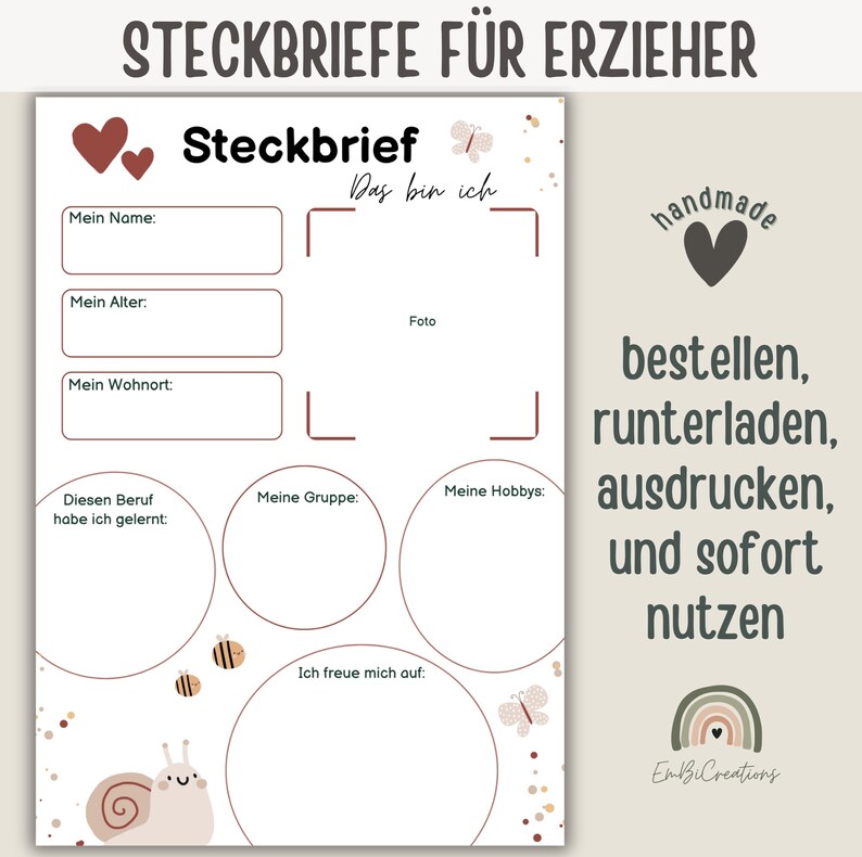2 Steckbriefe für Erzieher | Steckbrief Kita | Vorlage Erzieherinnen ...