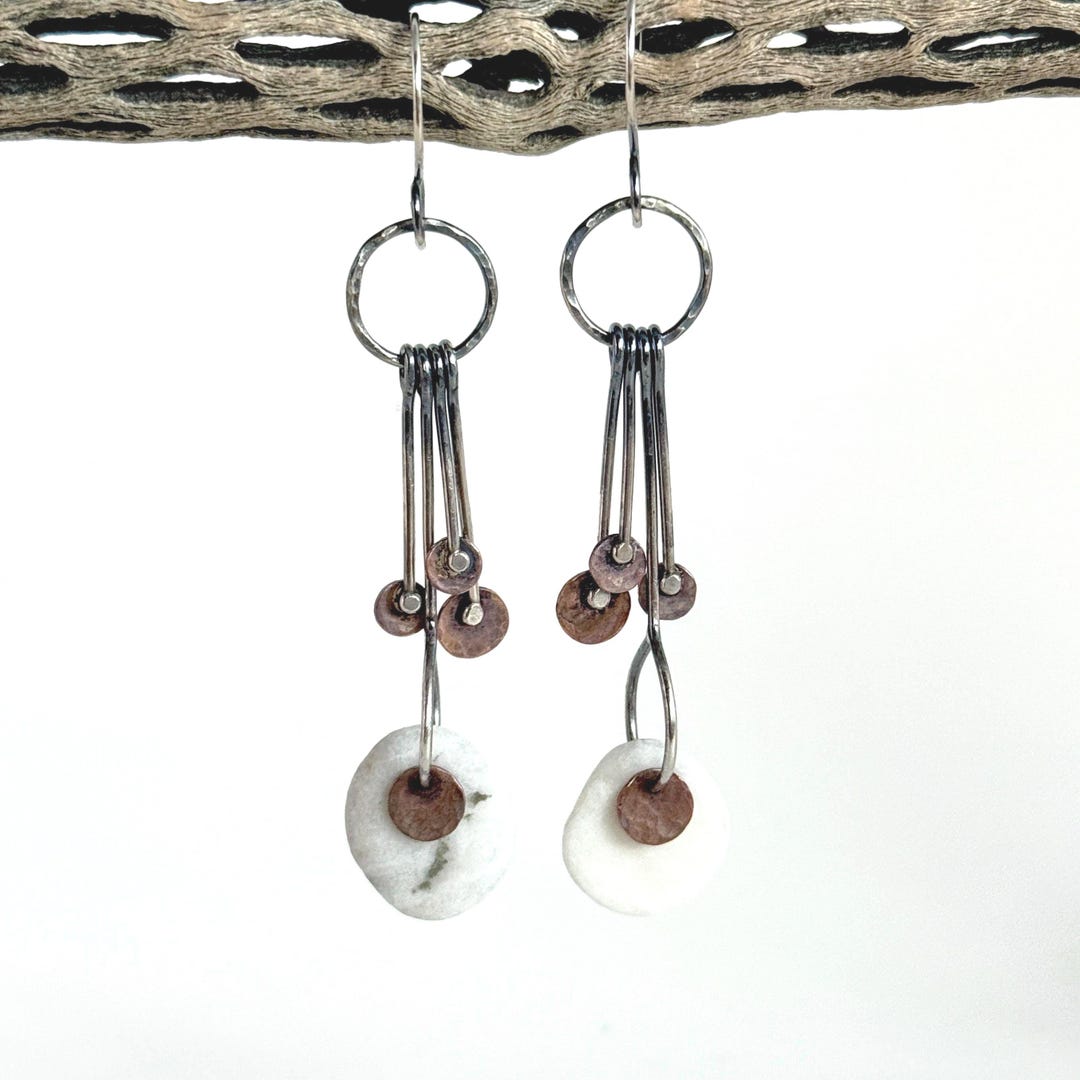 Copper Flakes - Sterling Silver Hoop - Beach Stone Earrings ...