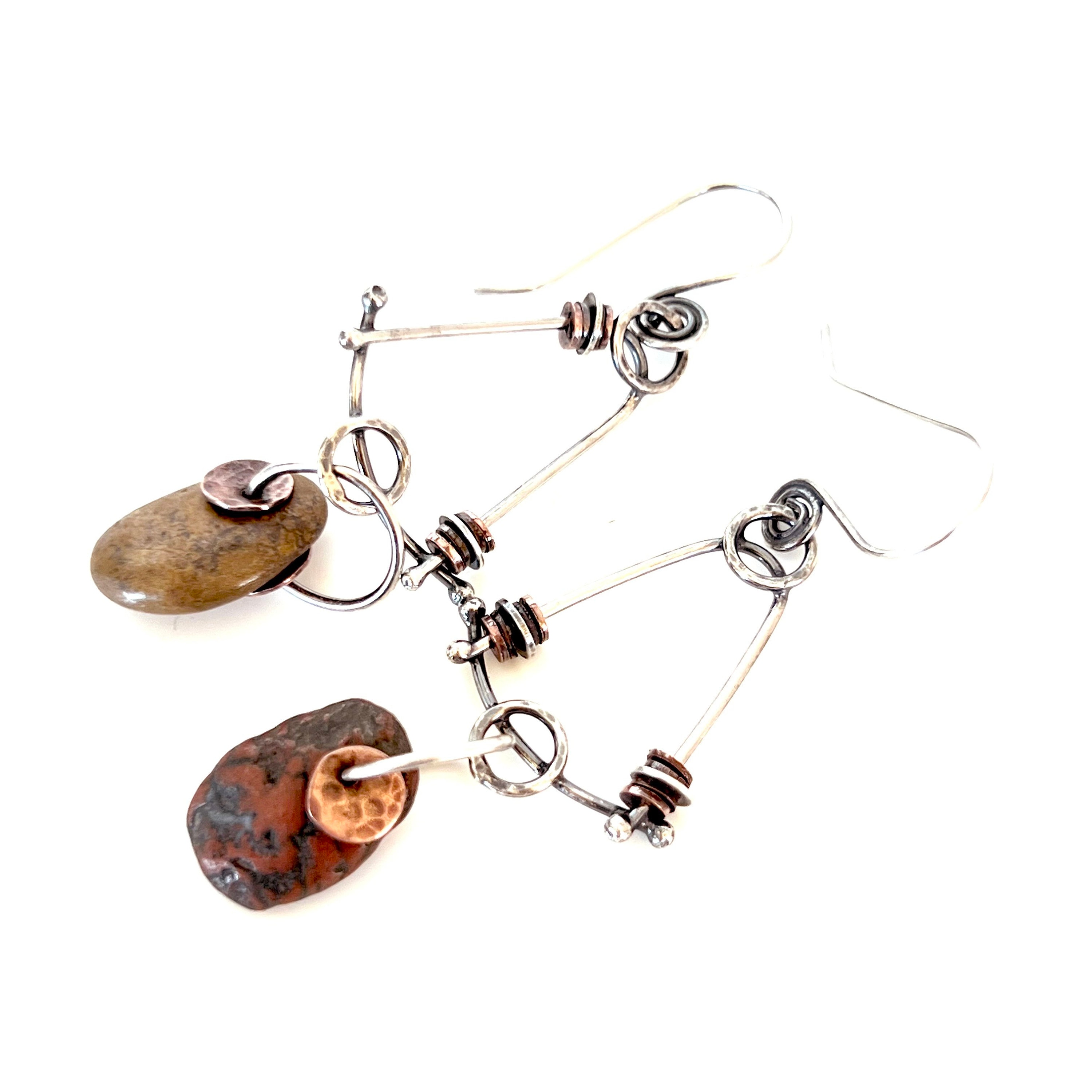 Trapeze Hoops Single Beach Stone Copper and Sterling Silver Earrings ...