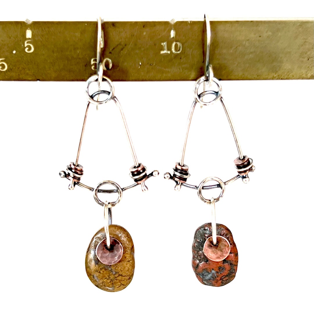 Trapeze Hoops - Single Beach Stone Copper and Sterling Silver Earrings ...