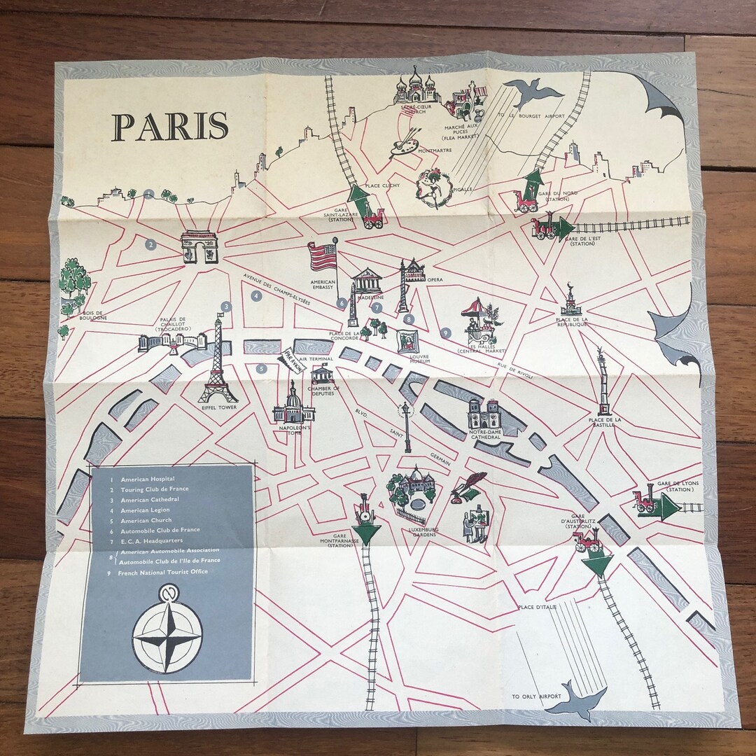 Vintage Paris France, Tourist Pocket Map - Colorful Map With Landmarks ...