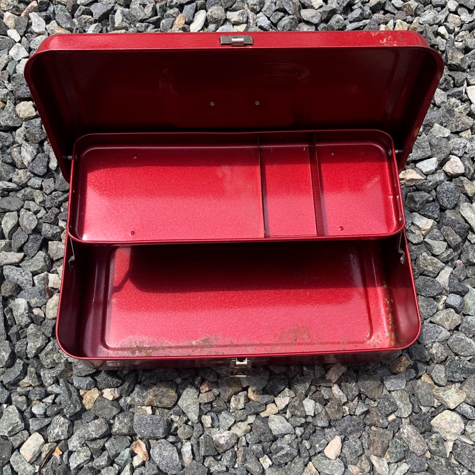 Vintage Red Metal, Two Tier Tackle, Tool or Lunch Box With Top Handle ...