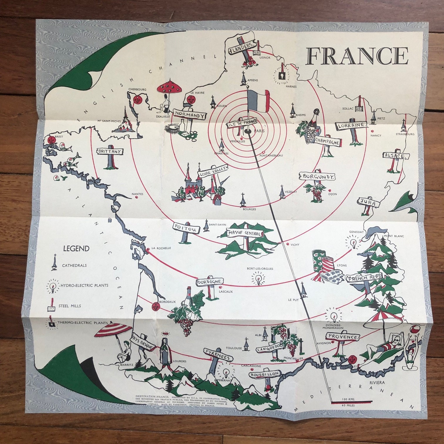 Vintage Paris France, Tourist Pocket Map - Colorful Map With Landmarks ...