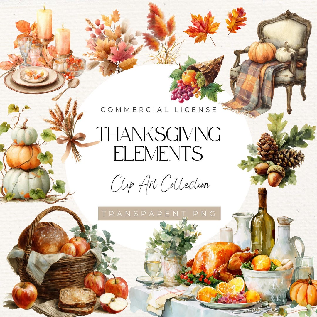 Thanksgiving Clipart Set – 61 Fall & Dinner Elements Pngs for Invites ...