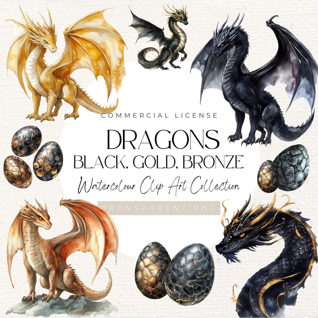 18 Dragon Clip Art Collection | Black, Gold, Bronze Dragons | Mystical ...