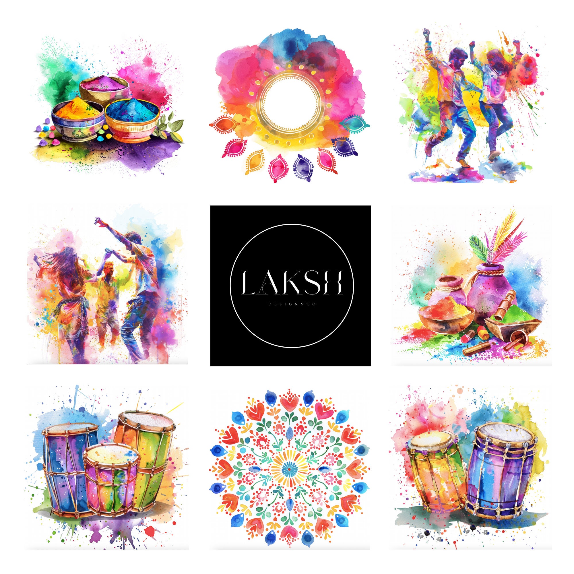 Holi Watercolour Clip Art, 35 High Quality Colourful Clip Art, Rainbow ...