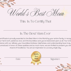 World's Best Mom Certificate | Mom Certificate Printable | Mother's Day ...