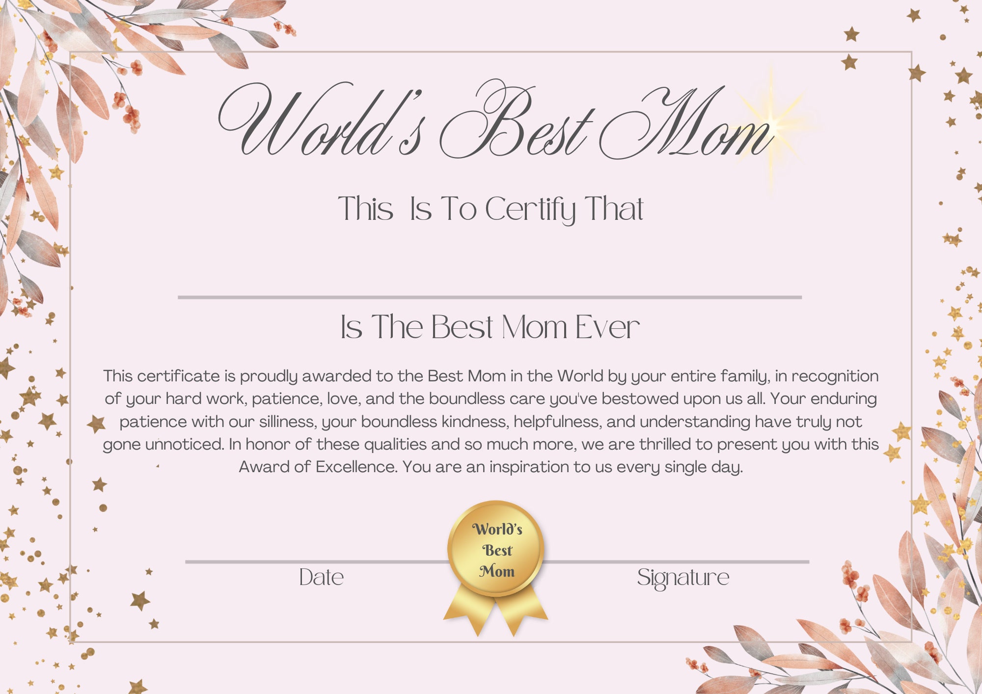 World's Best Mom Certificate | Mom Certificate Printable | Mother's Day ...
